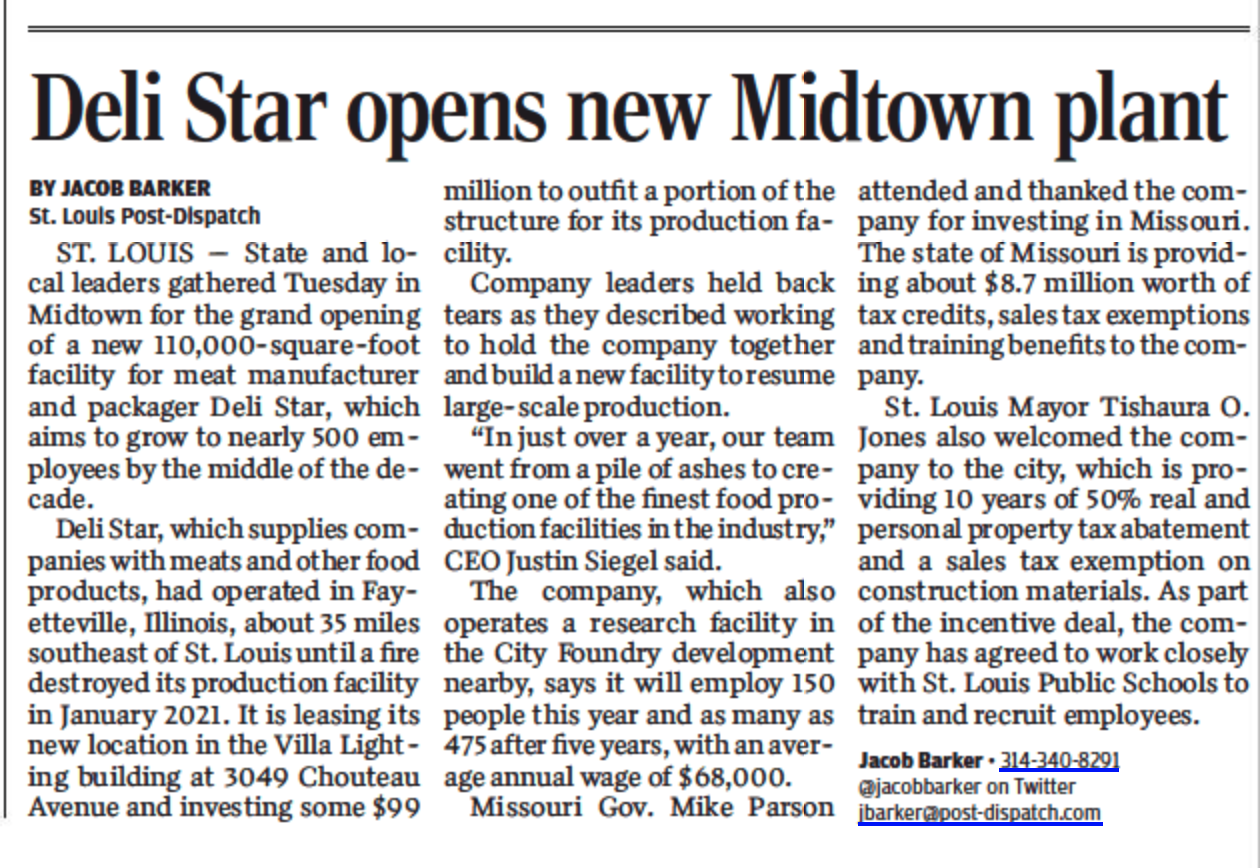 Deli Star opens new production facility in St. Louis - Deli Star